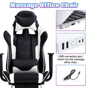 Gaming Chair High Back Computer Gaming Chair with Footrest, Ergonomic Game Chair PU Leather Racing Office Chair Adjustable Task Chair w/Headrest Armrest & Massage Function Lumbar Support-White