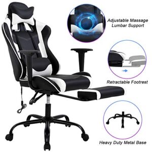 Gaming Chair High Back Computer Gaming Chair with Footrest, Ergonomic Game Chair PU Leather Racing Office Chair Adjustable Task Chair w/Headrest Armrest & Massage Function Lumbar Support-White