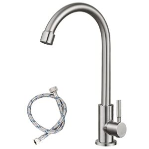 brushed nickel kitchen faucet cold water only 1 hole single handle 360 degree swivel spout deck mount high arc sus304 sink bar tap goose neck with hose and longer thread pipe