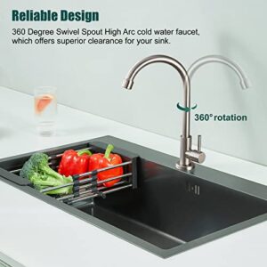 Brushed Nickel Kitchen Faucet Cold Water Only 1 Hole Single Handle 360 Degree Swivel Spout Deck Mount High Arc SUS304 Sink Bar Tap Goose Neck with Hose and Longer Thread Pipe