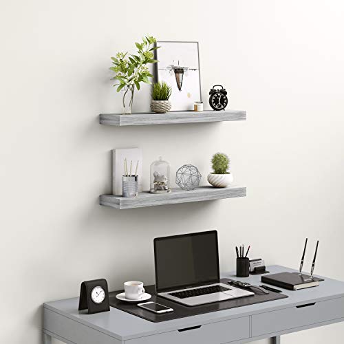 Set of 2 Floating Shelves - Real Wood Mounted Wall Shelf - Kitchen/Bathroom/Bedroom/Bedrooms/Living Room - 24in x 5.5in x 1.5in Hanging Shelf - Paulownia W/Gray Finish - Mounts & Level Tool Included