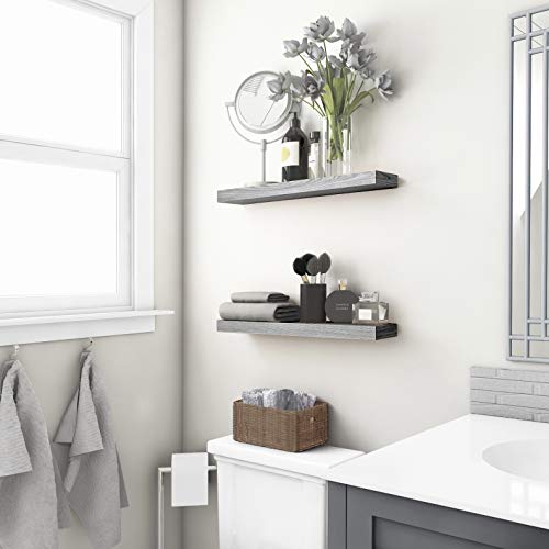 Set of 2 Floating Shelves - Real Wood Mounted Wall Shelf - Kitchen/Bathroom/Bedroom/Bedrooms/Living Room - 24in x 5.5in x 1.5in Hanging Shelf - Paulownia W/Gray Finish - Mounts & Level Tool Included