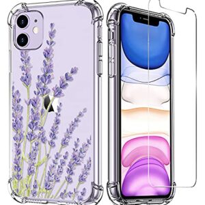 LUXVEER iPhone 11 Case with Tempered Glass Screen Protector,Floral Flower Pattern on Soft Clear TPU Cover for Girls Women,Slim Fit Protective Phone Case for Apple iPhone 11 6.1 inch Purple Lavender