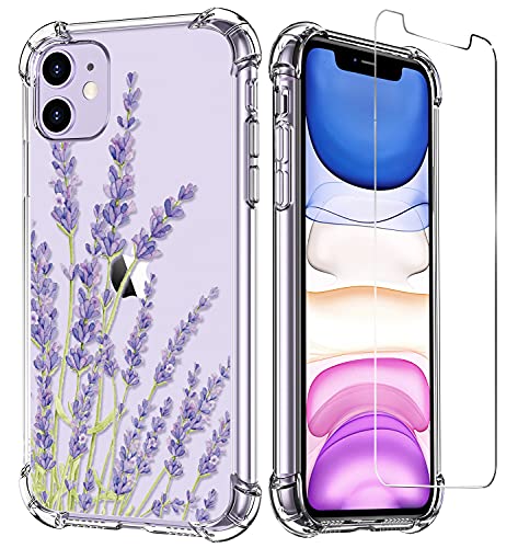 LUXVEER iPhone 11 Case with Tempered Glass Screen Protector,Floral Flower Pattern on Soft Clear TPU Cover for Girls Women,Slim Fit Protective Phone Case for Apple iPhone 11 6.1 inch Purple Lavender