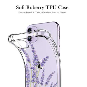 LUXVEER iPhone 11 Case with Tempered Glass Screen Protector,Floral Flower Pattern on Soft Clear TPU Cover for Girls Women,Slim Fit Protective Phone Case for Apple iPhone 11 6.1 inch Purple Lavender