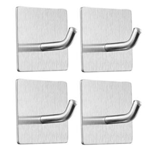 adhesive towel hooks stainless steel heavy duty shower hook waterproof wall hooks stick on door cabinet robe rack hanger for hanging clothes, coats, bags, keys, bathroom kitchen and bedroom-4 packs