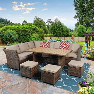 meetwarm 7 pieces wicker patio furniture set outdoor conversation set all weather rattan sectional sofa couch garden dining table chair set with ottoman (brown)