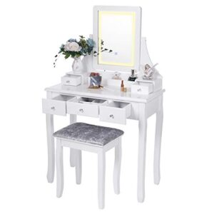 bewishome vanity set with lighted mirror dimming, touch screen switch & cushioned stool dressing table makeup vanity makeup table 5 drawers 2 dividers removable organizers, vanity desk white fst07w