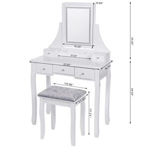 BEWISHOME Vanity Set with Lighted Mirror Dimming, Touch Screen Switch & Cushioned Stool Dressing Table Makeup Vanity Makeup Table 5 Drawers 2 Dividers Removable Organizers, Vanity Desk White FST07W