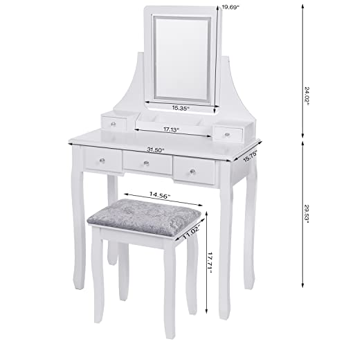 BEWISHOME Vanity Set with Lighted Mirror Dimming, Touch Screen Switch & Cushioned Stool Dressing Table Makeup Vanity Makeup Table 5 Drawers 2 Dividers Removable Organizers, Vanity Desk White FST07W