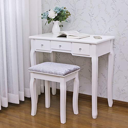 BEWISHOME Vanity Set with Lighted Mirror Dimming, Touch Screen Switch & Cushioned Stool Dressing Table Makeup Vanity Makeup Table 5 Drawers 2 Dividers Removable Organizers, Vanity Desk White FST07W