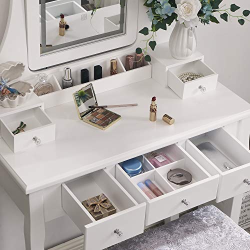 BEWISHOME Vanity Set with Lighted Mirror Dimming, Touch Screen Switch & Cushioned Stool Dressing Table Makeup Vanity Makeup Table 5 Drawers 2 Dividers Removable Organizers, Vanity Desk White FST07W