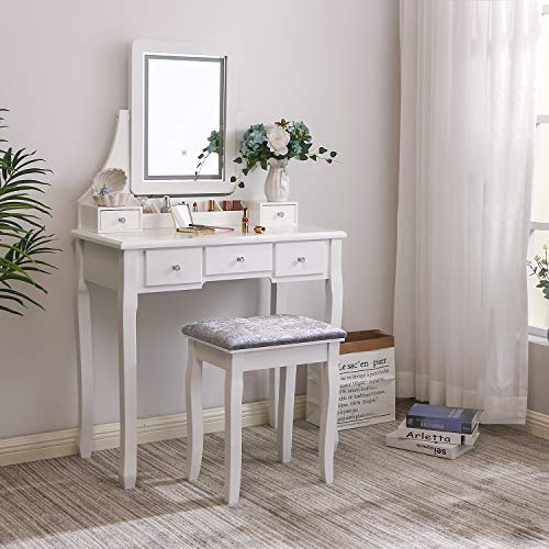 BEWISHOME Vanity Set with Lighted Mirror Dimming, Touch Screen Switch & Cushioned Stool Dressing Table Makeup Vanity Makeup Table 5 Drawers 2 Dividers Removable Organizers, Vanity Desk White FST07W