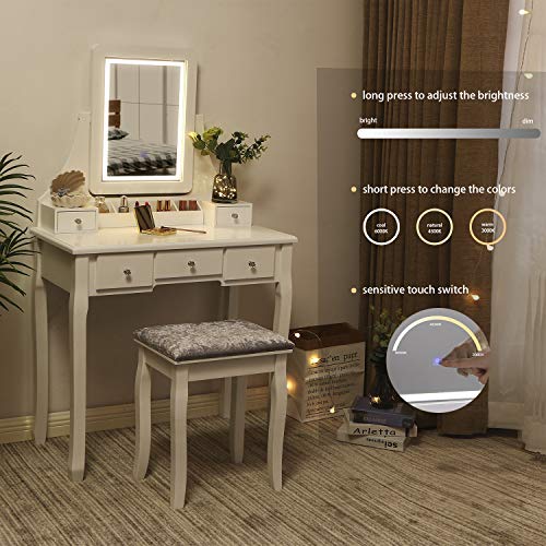 BEWISHOME Vanity Set with Lighted Mirror Dimming, Touch Screen Switch & Cushioned Stool Dressing Table Makeup Vanity Makeup Table 5 Drawers 2 Dividers Removable Organizers, Vanity Desk White FST07W