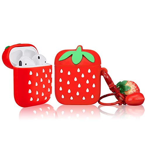 Oqplog for AirPod 2&1 Case, Protective Soft Silicone Funny Cute Fun Fashion Cover for Girls Kids Teens Air Pods, Cool Fruit Shockproof Design Skin Accessories Cases for Airpods 1/2 - Strawberry Chain