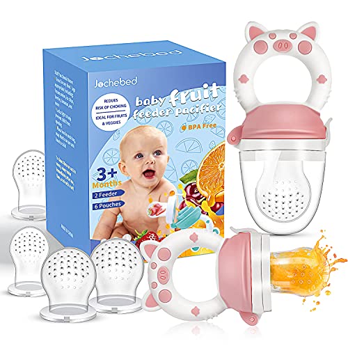 Baby Fruit Food Feeder Pacifier - Fresh Teething Pacifiers, Infant Fruit Teething Teether Toy for 3-24 Months, 6 Pcs Silicone Pouches for Toddlers & Kids & Babies, Piggy Handle 2-Pack (Pink)