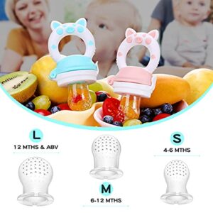 Baby Fruit Food Feeder Pacifier - Fresh Teething Pacifiers, Infant Fruit Teething Teether Toy for 3-24 Months, 6 Pcs Silicone Pouches for Toddlers & Kids & Babies, Piggy Handle 2-Pack (Pink)