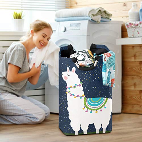 CaTaKu Starry Night Alpaca Laundry Hamper，Cute Llama Laundry Basket Box Big Storage Waterproof Easy Carry for Family Dormitory Laundry Room, 12.6 x 11 x 22.7 Inches