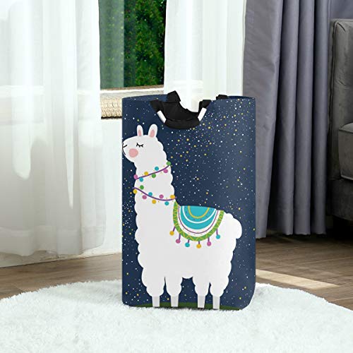 CaTaKu Starry Night Alpaca Laundry Hamper，Cute Llama Laundry Basket Box Big Storage Waterproof Easy Carry for Family Dormitory Laundry Room, 12.6 x 11 x 22.7 Inches