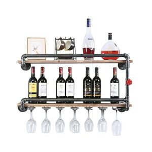 tanggu industrial wine racks wall mounted with 7 stem glass holder,2-tiers rustic metal hanging wine holder,36in wall mount bottle holder,pipe shelves kitchen/living room/home wood wine shelf