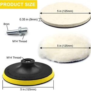 5 Inch Buffing Wool Pads 8PCS Kits, Felt Polishing Pad Buffing Wheel for Drill Woolen Wax Pad and Hook & Loop Backing Plate with 8mm M14 Drill Adapter for Car & Boat Polishing, Waxing, Sealing, Glaze