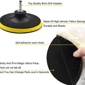 5 Inch Buffing Wool Pads 8PCS Kits, Felt Polishing Pad Buffing Wheel for Drill Woolen Wax Pad and Hook & Loop Backing Plate with 8mm M14 Drill Adapter for Car & Boat Polishing, Waxing, Sealing, Glaze