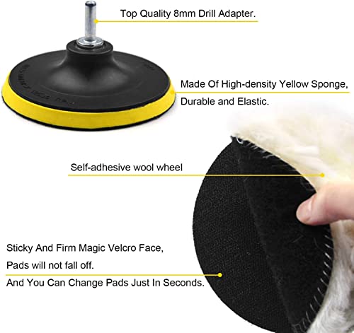 5 Inch Buffing Wool Pads 8PCS Kits, Felt Polishing Pad Buffing Wheel for Drill Woolen Wax Pad and Hook & Loop Backing Plate with 8mm M14 Drill Adapter for Car & Boat Polishing, Waxing, Sealing, Glaze