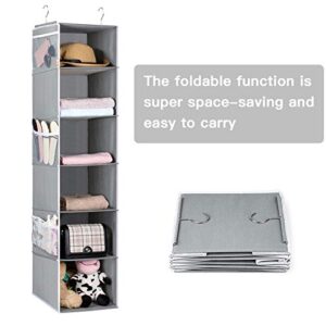 Univivi 6-Shelf Hanging Shoes Closet Shelves 6-Layer Collapsible Hanging Closet Shoe Shelves Organizer with 6 Side Pockets Wardrobe Clothes Organizer for Closet - Gray