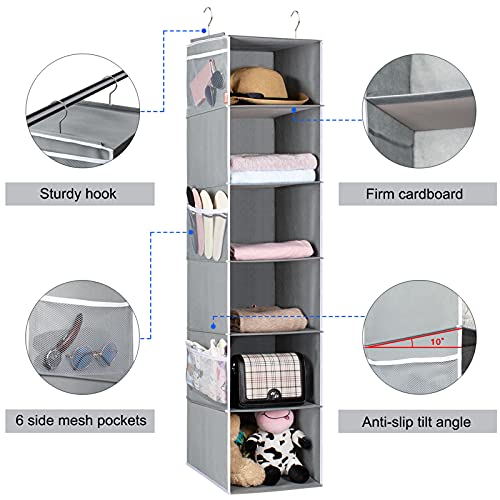 Univivi 6-Shelf Hanging Shoes Closet Shelves 6-Layer Collapsible Hanging Closet Shoe Shelves Organizer with 6 Side Pockets Wardrobe Clothes Organizer for Closet - Gray