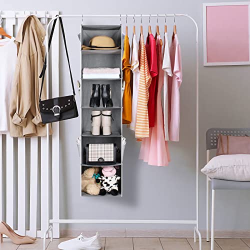 Univivi 6-Shelf Hanging Shoes Closet Shelves 6-Layer Collapsible Hanging Closet Shoe Shelves Organizer with 6 Side Pockets Wardrobe Clothes Organizer for Closet - Gray