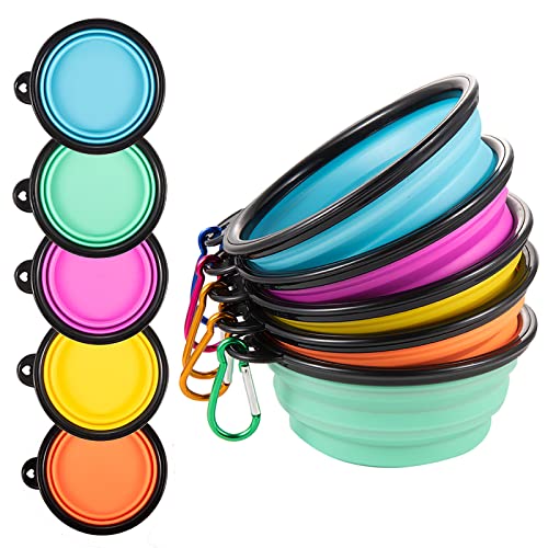 Collapsible Dog Bowls, Travel Dog Cat Water Bowl Portable Foldable Food Dishes with Carabiner Clip for Traveling, Hiking, Walking (Pack of 5)