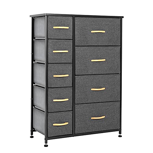 Crestlive Products Vertical Dresser Storage Tower - Sturdy Steel Frame, Wood Top, Easy Pull Fabric Bins, Wood Handles - Organizer Unit for Bedroom, Hallway, Entryway, Closets - 9 Drawers (Gray)