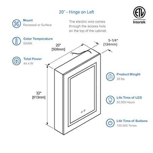 Blossom Recessed or Surface LED Mirror Lighted Medicine Cabinet with Lights, LED Medicine Cabinet with Defogger (20x32/Left Hinge)