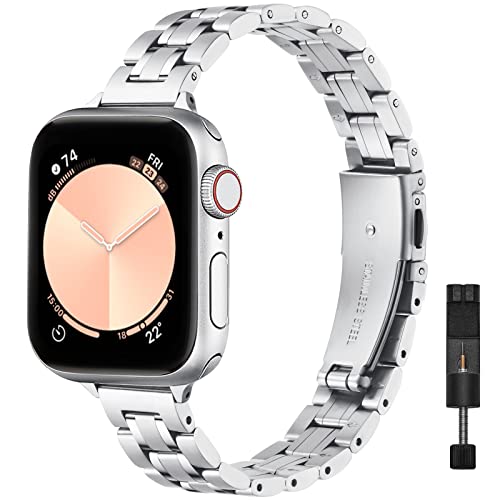 STIROLL Thin Replacement Band Compatible for Apple Watch 38mm 40mm 41mm 42mm 44mm 45mm 49mm, Stainless Steel Metal Wristband Women Men for iWatch Ultra SE Series 8/7/6/5/4/3/2/1(Silver,38mm/40mm/41mm)