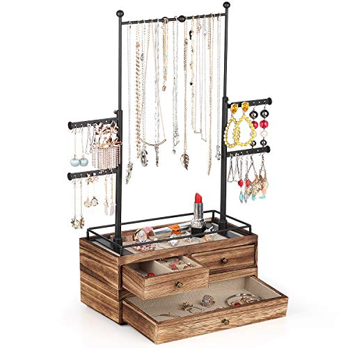 Jewelry Organizer - 2 Layer Wooden Jewelry Drawer Storage Box with 6 Tier Jewelry Tree Stand, Jewelry Display for Necklaces Bracelet Earring Ring (Carbonized Black)