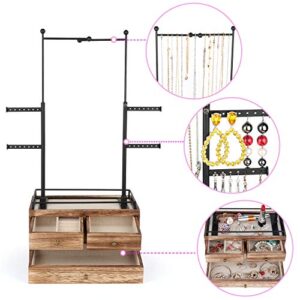 Jewelry Organizer - 2 Layer Wooden Jewelry Drawer Storage Box with 6 Tier Jewelry Tree Stand, Jewelry Display for Necklaces Bracelet Earring Ring (Carbonized Black)