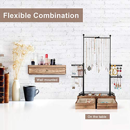 Jewelry Organizer - 2 Layer Wooden Jewelry Drawer Storage Box with 6 Tier Jewelry Tree Stand, Jewelry Display for Necklaces Bracelet Earring Ring (Carbonized Black)