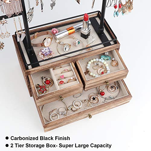 Jewelry Organizer - 2 Layer Wooden Jewelry Drawer Storage Box with 6 Tier Jewelry Tree Stand, Jewelry Display for Necklaces Bracelet Earring Ring (Carbonized Black)