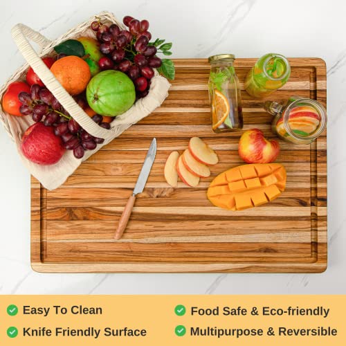 BEEFURNI Teak Wood Cutting Board with Juice Groove Hand Grip, Large Wooden Cutting Boards for Kitchen, Chopping Board Wood, Mothers Day Gifts, 1 Year Manufactuer Warranty (L, 22"L x 16"W x 1.25"Th)