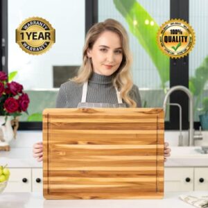 BEEFURNI Teak Wood Cutting Board with Juice Groove Hand Grip, Large Wooden Cutting Boards for Kitchen, Chopping Board Wood, Mothers Day Gifts, 1 Year Manufactuer Warranty (L, 22"L x 16"W x 1.25"Th)