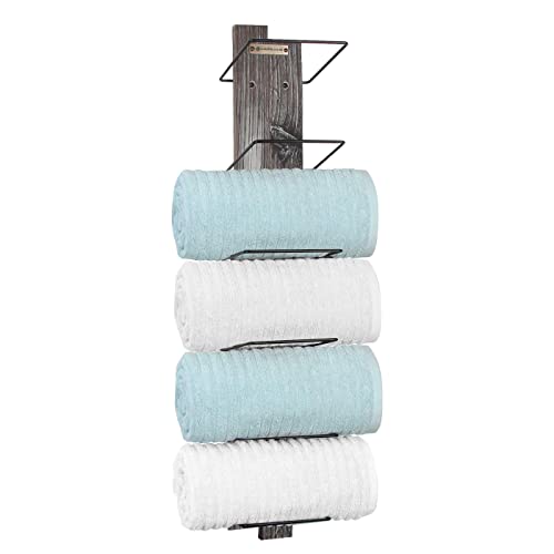 J JACKCUBE DESIGN Wall Mount Rustic Wood and Metal Towel Rack 6 Tier Shelf Holder for Shower & Hand Towels for Bathroom Hanging Storage Multi-Rack - MK594A