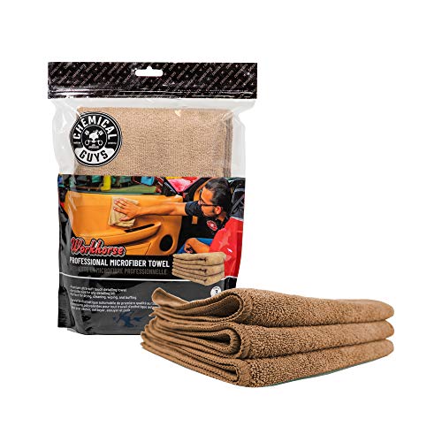 Chemical Guys MIC34403 Workhorse Professional Microfiber Towel, Tan (Safe for Car Wash, Home Cleaning & Pet Drying Cloths) 16" x 16", Pack of 3