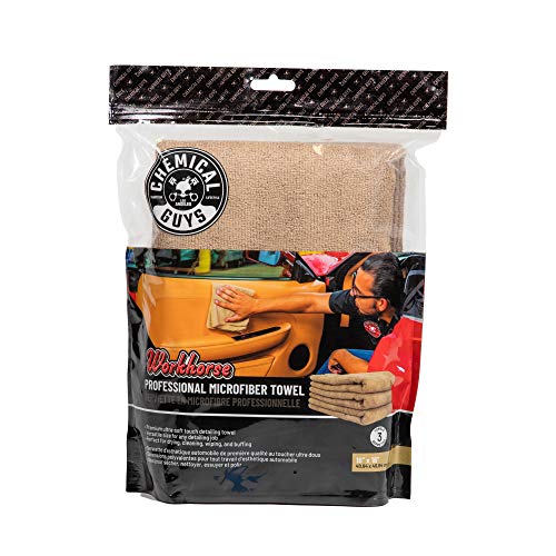 Chemical Guys MIC34403 Workhorse Professional Microfiber Towel, Tan (Safe for Car Wash, Home Cleaning & Pet Drying Cloths) 16" x 16", Pack of 3