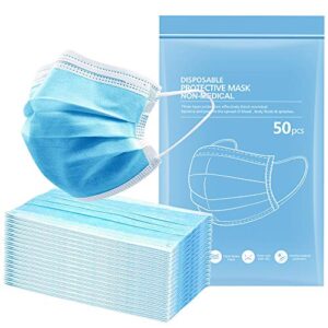 hsdz 50pcs bulk face masks for women, breathable 3 ply disposable face mask with elastic earloop adult mouth cover for school office supplies(blue)