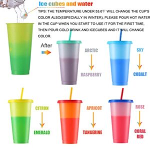 Color Changing Cups, 24oz 5 Reusable Cold Drink Cups with Lids and Straws Summer Coffee Tumblers Party Cup for Adults