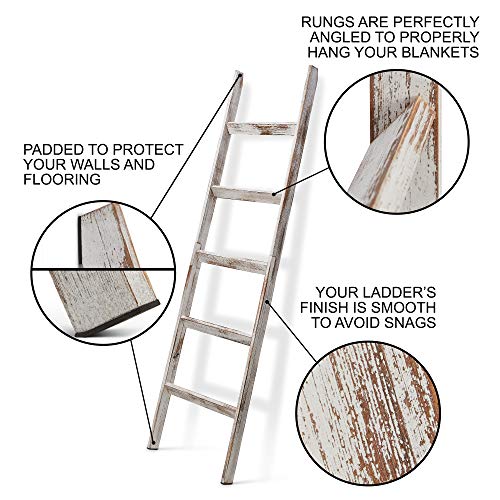 Short Birds Rustic 5ft Blanket Ladder - Farmhouse Home Decor - Quilt/Towels/Throw Wood - Decorative Shelf - Easy Assembly - Leaning - Padded - White Wash