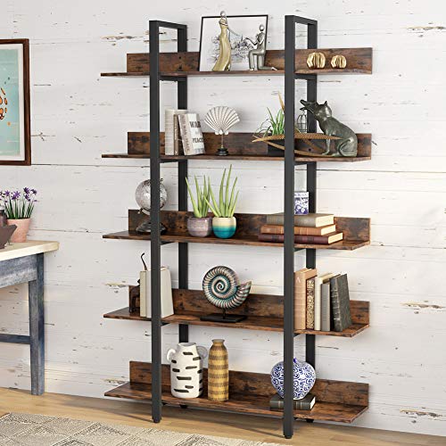 Tribesigns 5 Tiers Bookcase, 5-Shelf Industrial Style Etagere Bookcases and Book Shelves, Metal and Wood Free Vintage Bookshelf with Back Fence, Rustic Brown