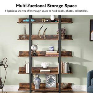 Tribesigns 5 Tiers Bookcase, 5-Shelf Industrial Style Etagere Bookcases and Book Shelves, Metal and Wood Free Vintage Bookshelf with Back Fence, Rustic Brown