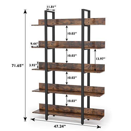 Tribesigns 5 Tiers Bookcase, 5-Shelf Industrial Style Etagere Bookcases and Book Shelves, Metal and Wood Free Vintage Bookshelf with Back Fence, Rustic Brown