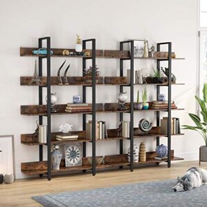 Tribesigns 5 Tiers Bookcase, 5-Shelf Industrial Style Etagere Bookcases and Book Shelves, Metal and Wood Free Vintage Bookshelf with Back Fence, Rustic Brown